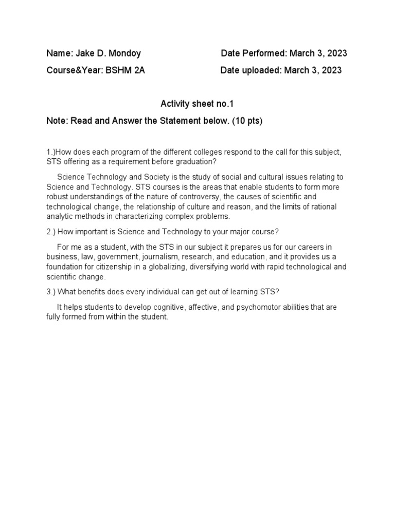 Activity Sheet No. 1 (STS) | PDF
