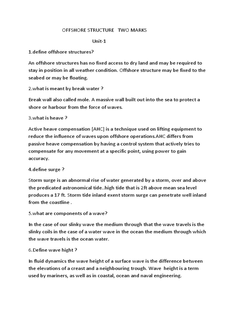 Offshore Structure Two Marks | PDF | Sea | Force