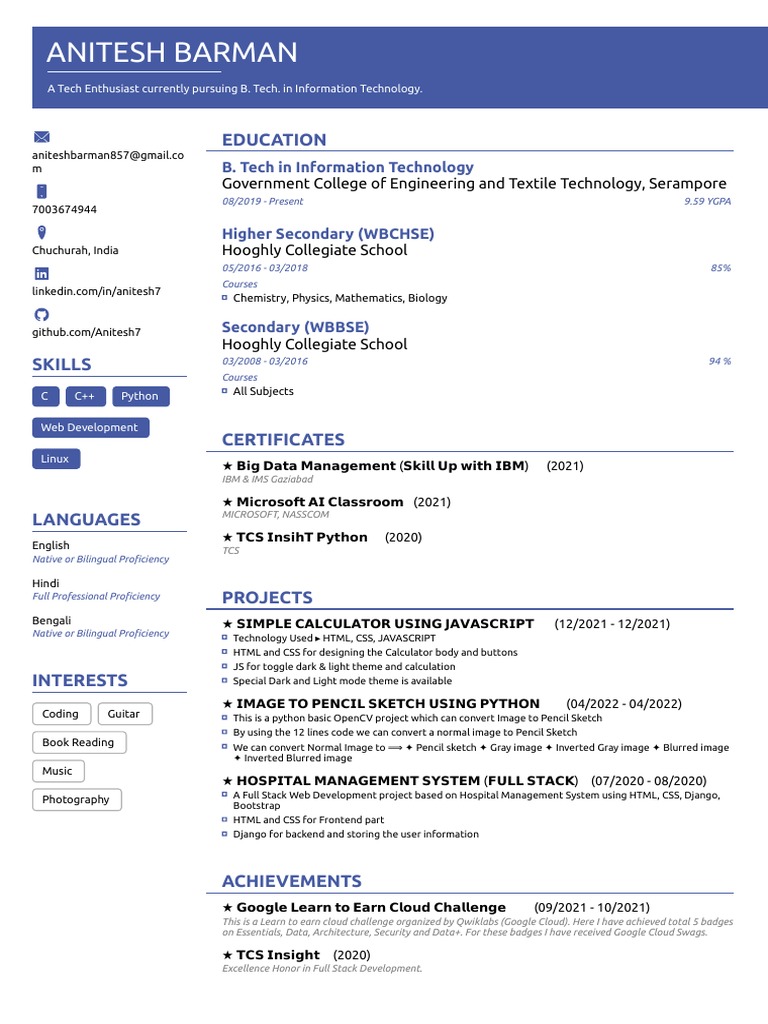 B.Tech Student Pursuing IT With Projects in Web Dev, OpenCV & Cloud ...