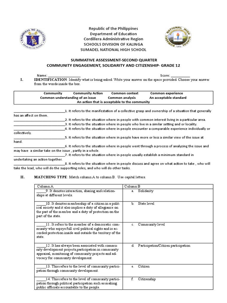 Summative Assessment Sample in CESC | PDF | Community | Citizenship