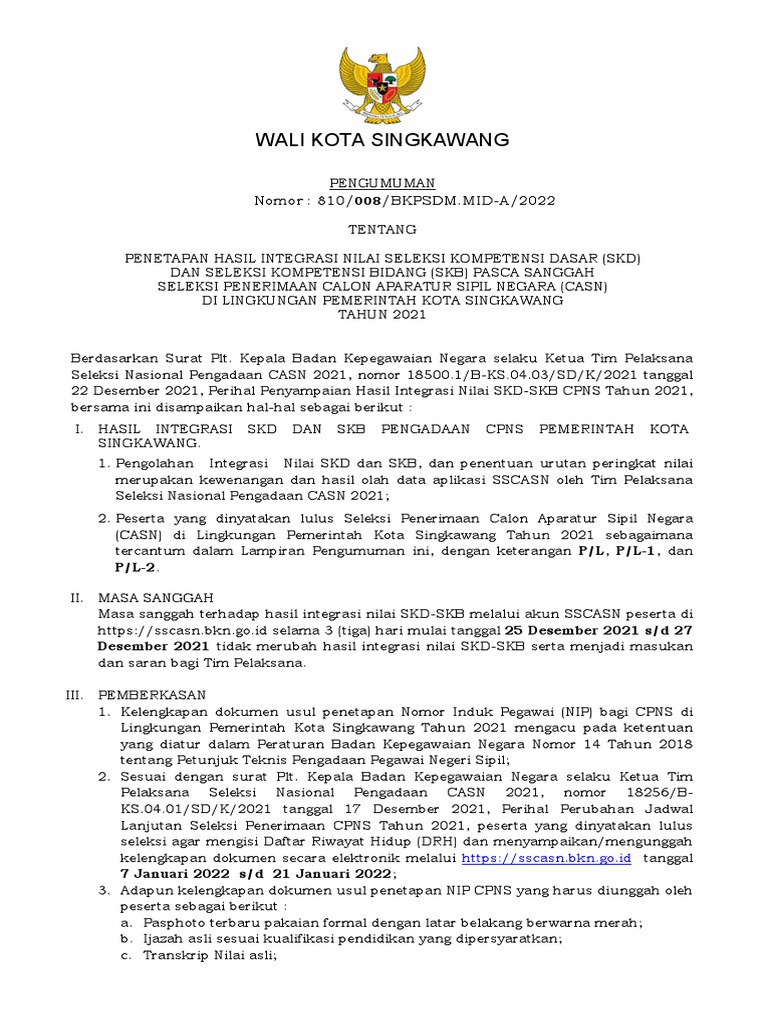Hasil Integrasi SKD-SKB CASN Singkawang 2021 | PDF