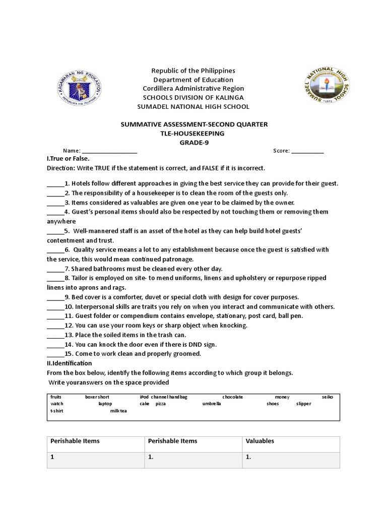 Summative Assessment For Tle 9 Sample | PDF | Housekeeping | Home