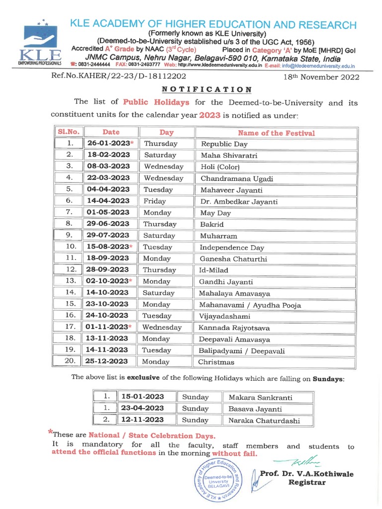 Holiday List 2023 | PDF