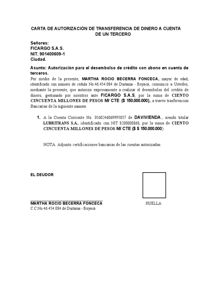 Carta de Autorización de Transferencia de Dinero A Cuenta de Un Tercero | PDF