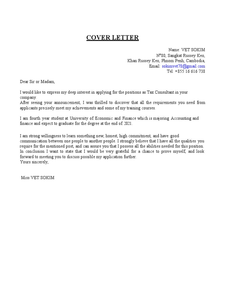 Cover Letter | PDF | Cambodia