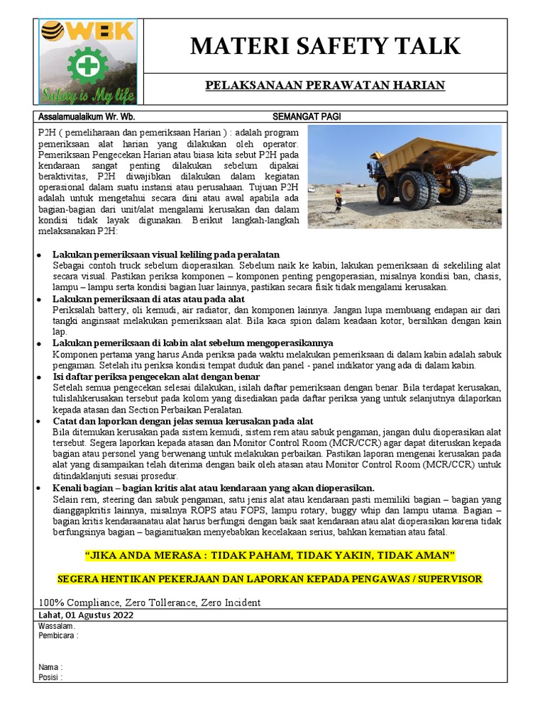 Materi Safety Talk P2H | PDF