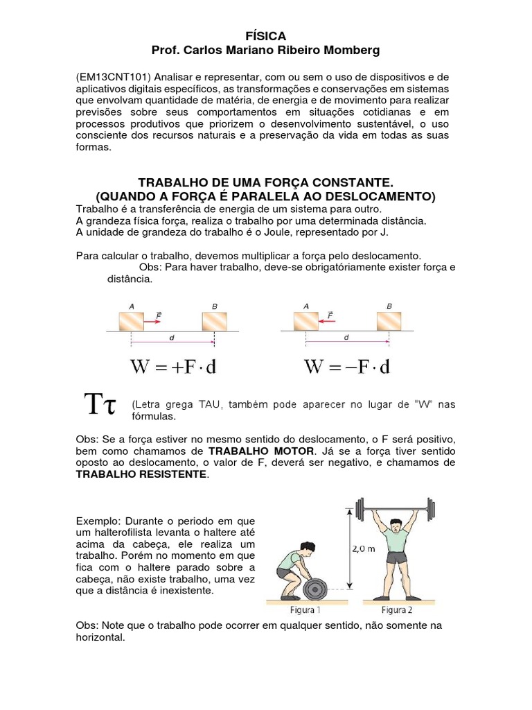 01 - Trabalho de uma força constante.pdf | PDF | Física | Natureza