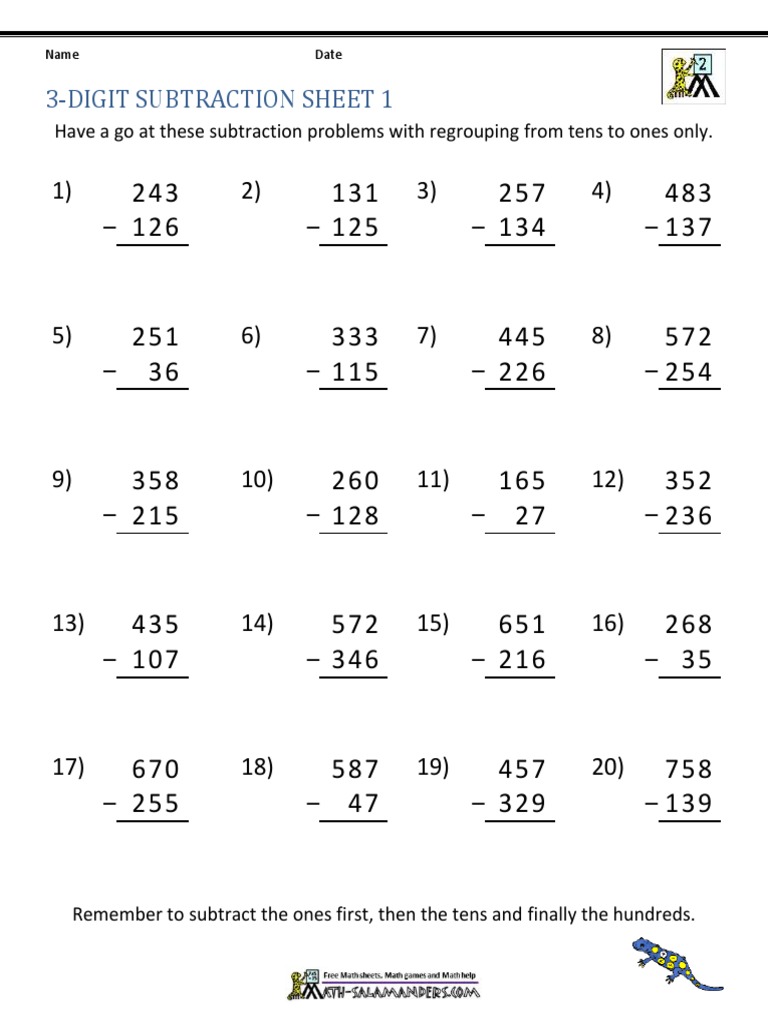 3-Digit Subtraction Practice Sheet with Answers | PDF