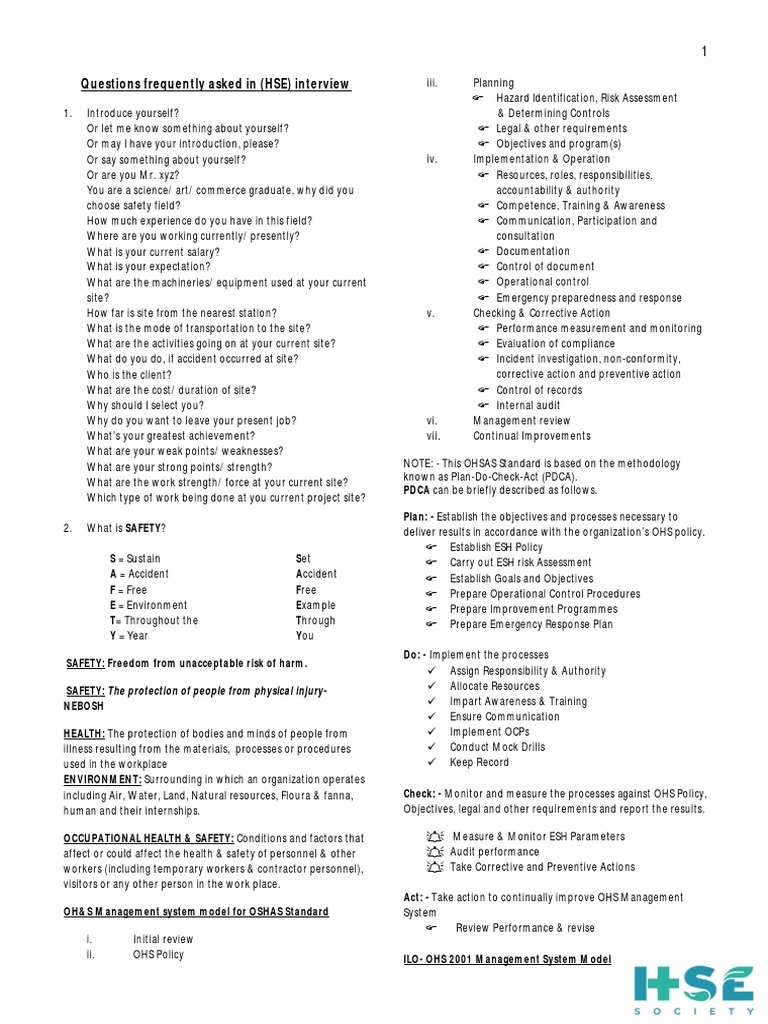 HSE - Interview Q & A PDF | PDF | Occupational Safety And Health | Risk