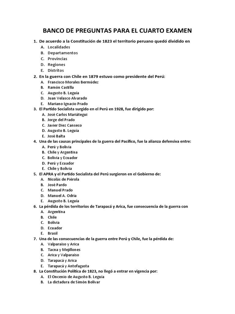 Banco de Preguntas 4to Examen | Descargar gratis PDF | Perú | Bolivia