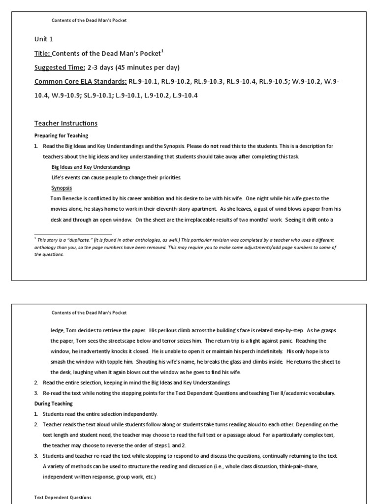 Content's of The Dead Man's Pocket. Lesson - Story | PDF | Thought ...