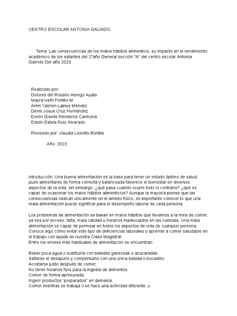 Trabajo 3 Estudios Social Antonia Galindo PDF | PDF | Alimentos ...