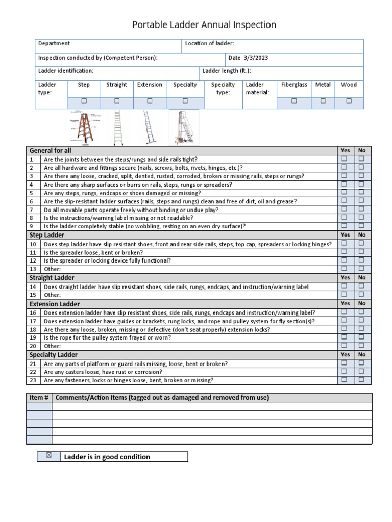 Portable Ladder Annual Inspection Checklist | PDF | Ladder | Screw