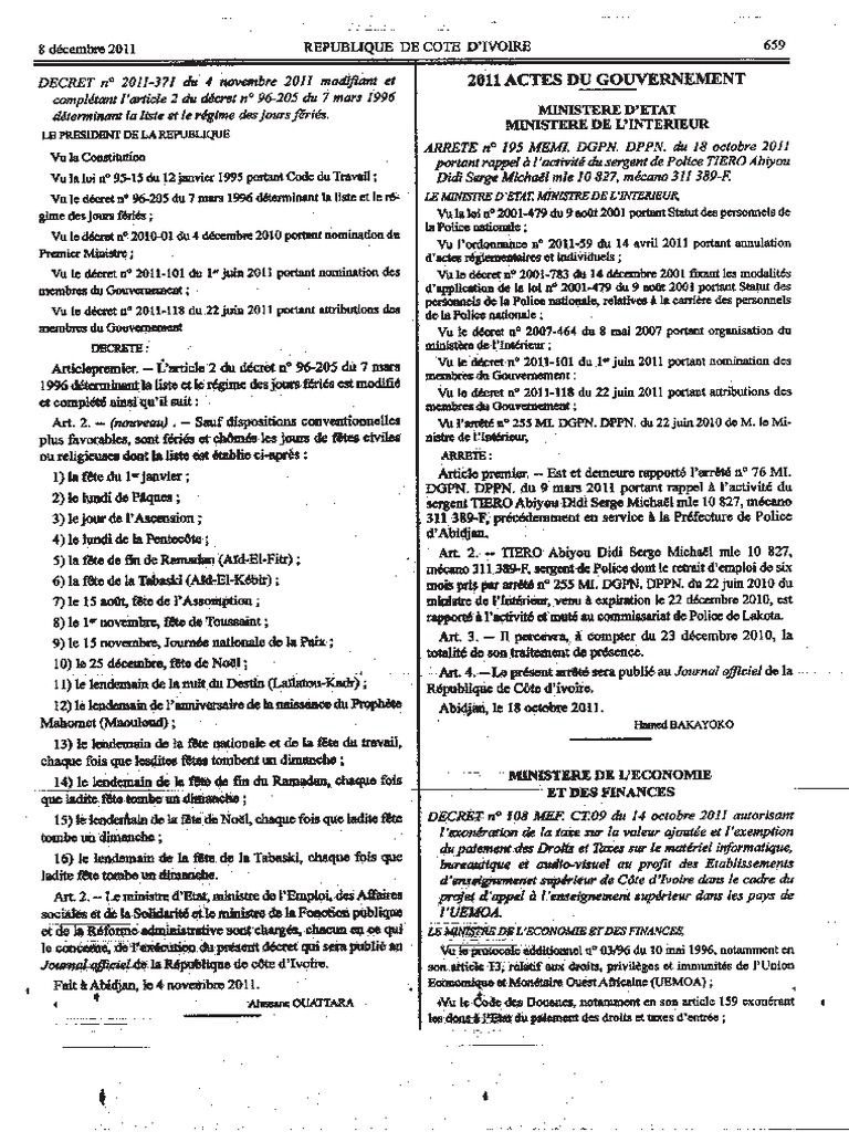 Decret Jours Fériés - N - 2011 - 371 - Du - 4 - Novembre PDF | PDF