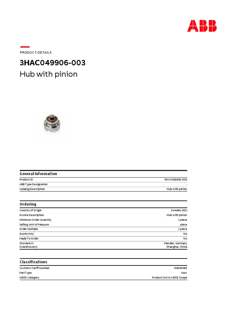 Hub With Pinion: Product-Details | PDF