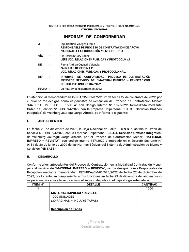 INFORME CONFORMIDAD REVISTA Bueno | PDF