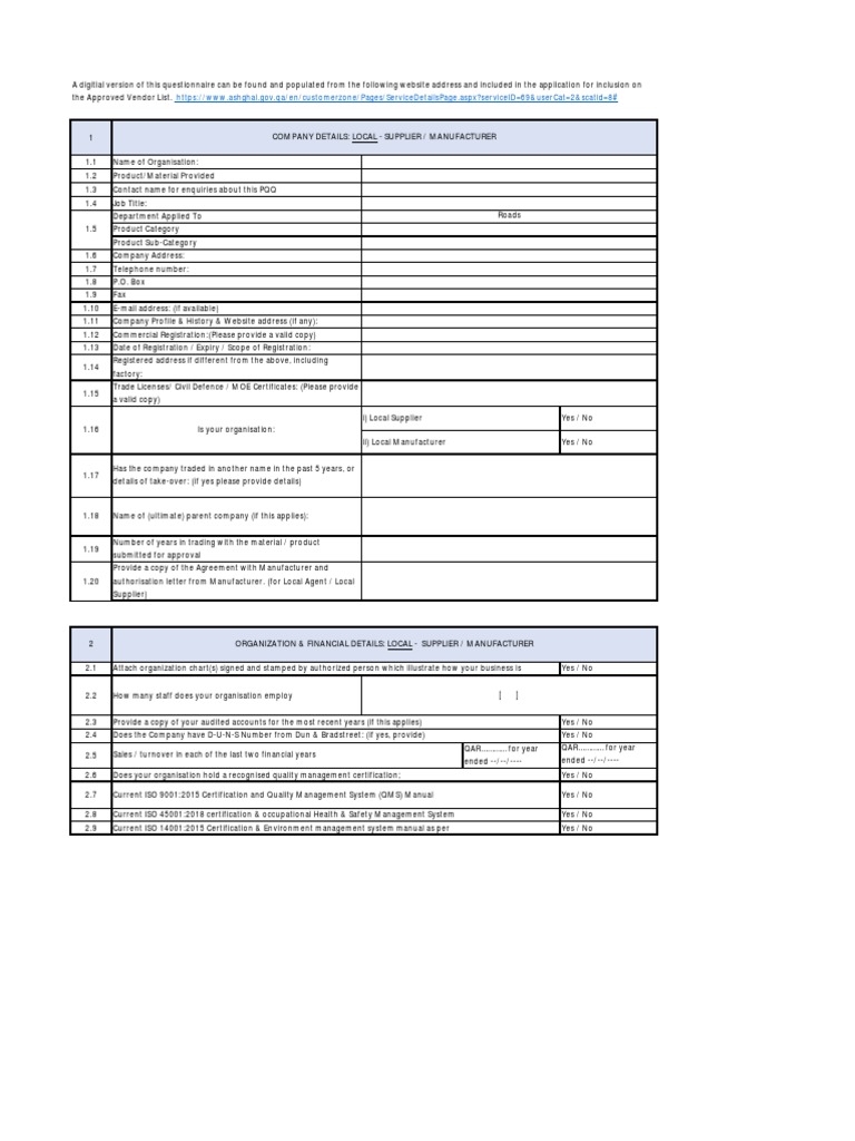 Vendor Questionnaire (New) | PDF | Iso 9000 | Quality Management System
