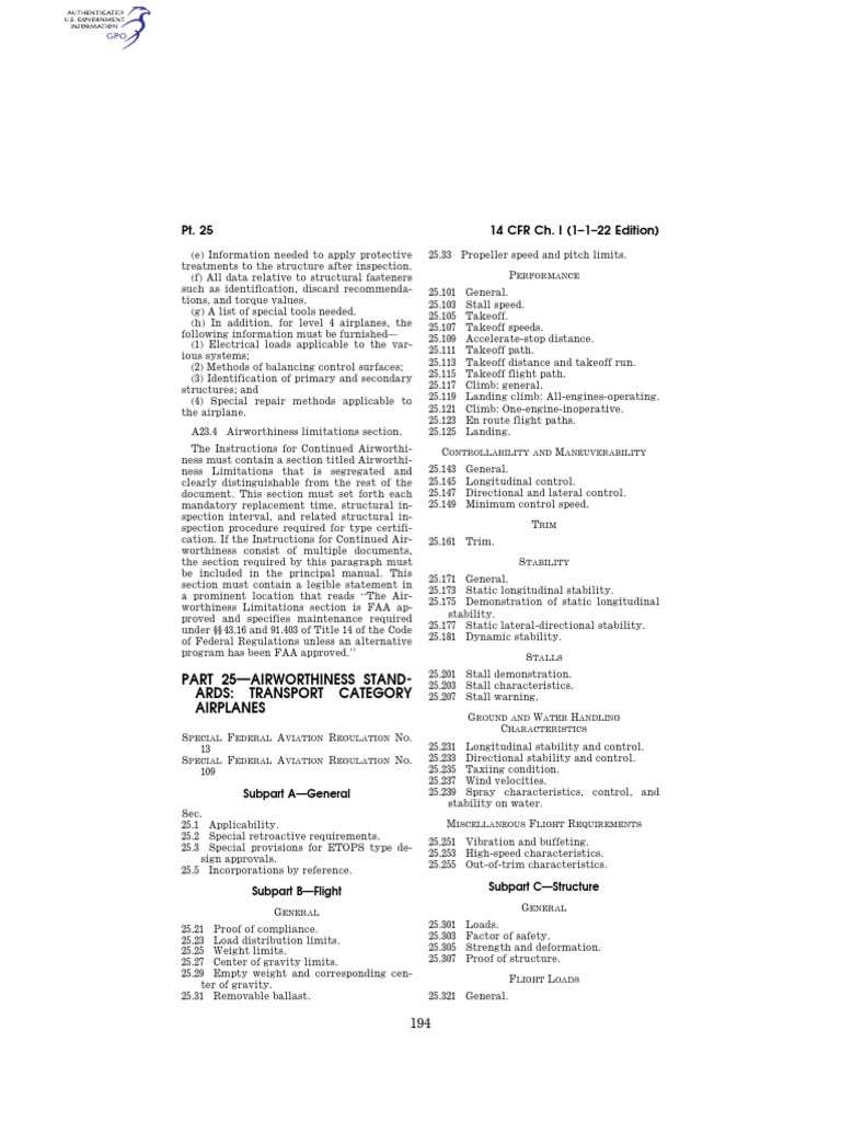 CFR 2022 Title14 Vol1 Part25 | PDF | Flight Control Surfaces | Landing Gear