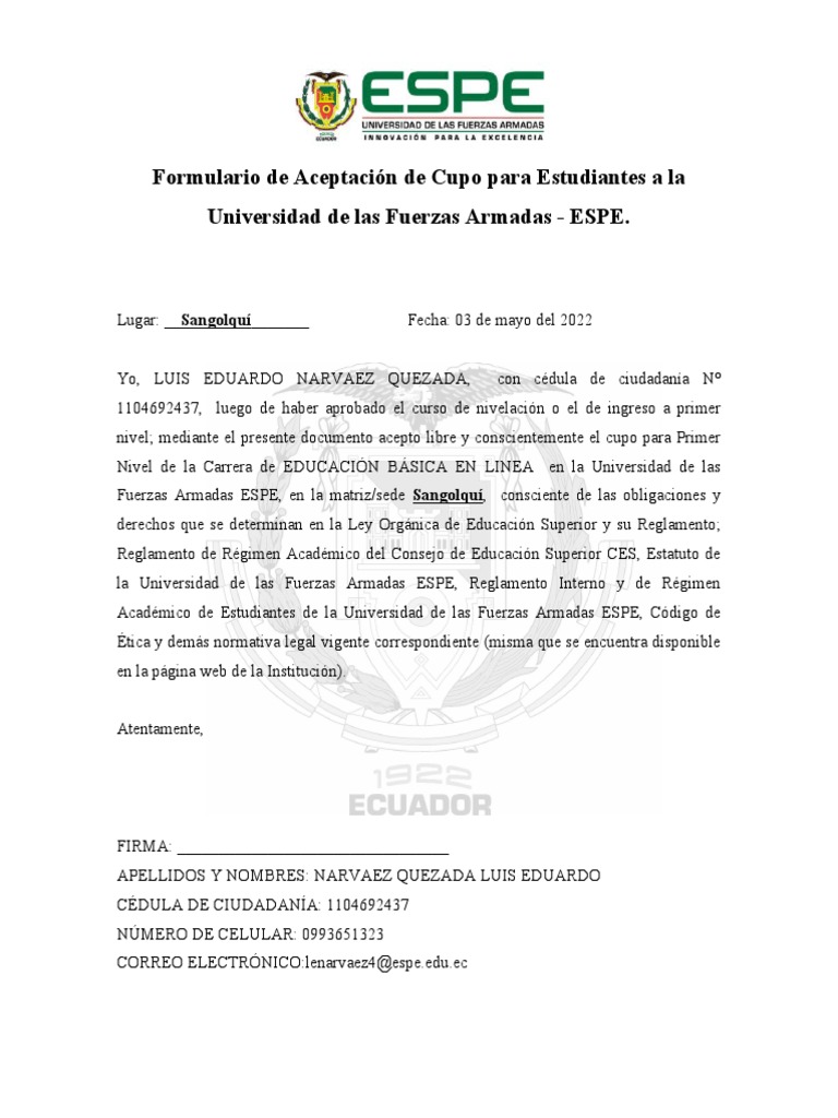 Formulario Aceptacion Cupo | PDF