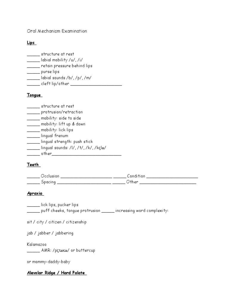 Oral Mechanism Examination | PDF