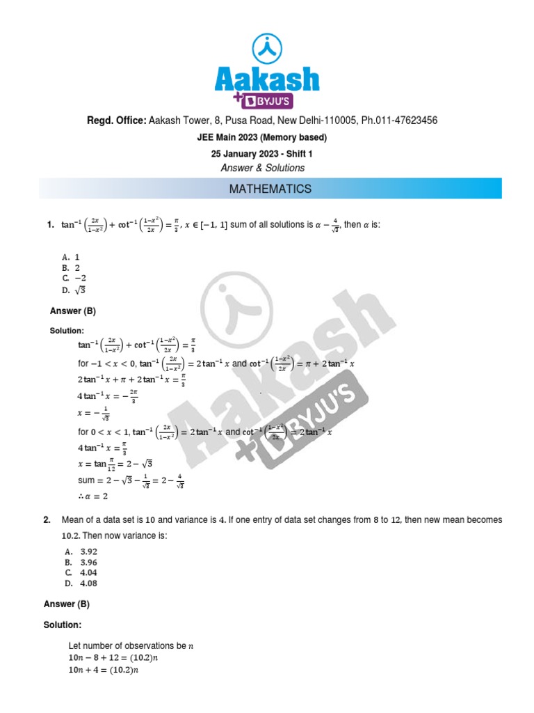 JEE Main 2023 Solutions and Answers | PDF | Logarithm | Mathematical Concepts