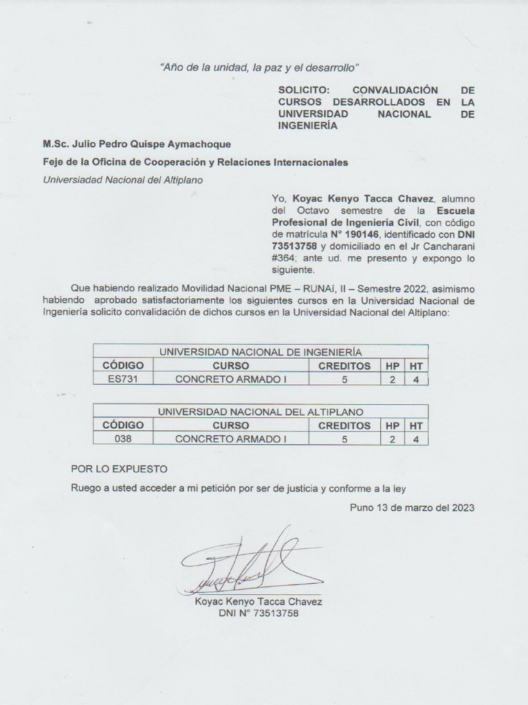 Convalidación de Curso KOYAC TACCA | PDF