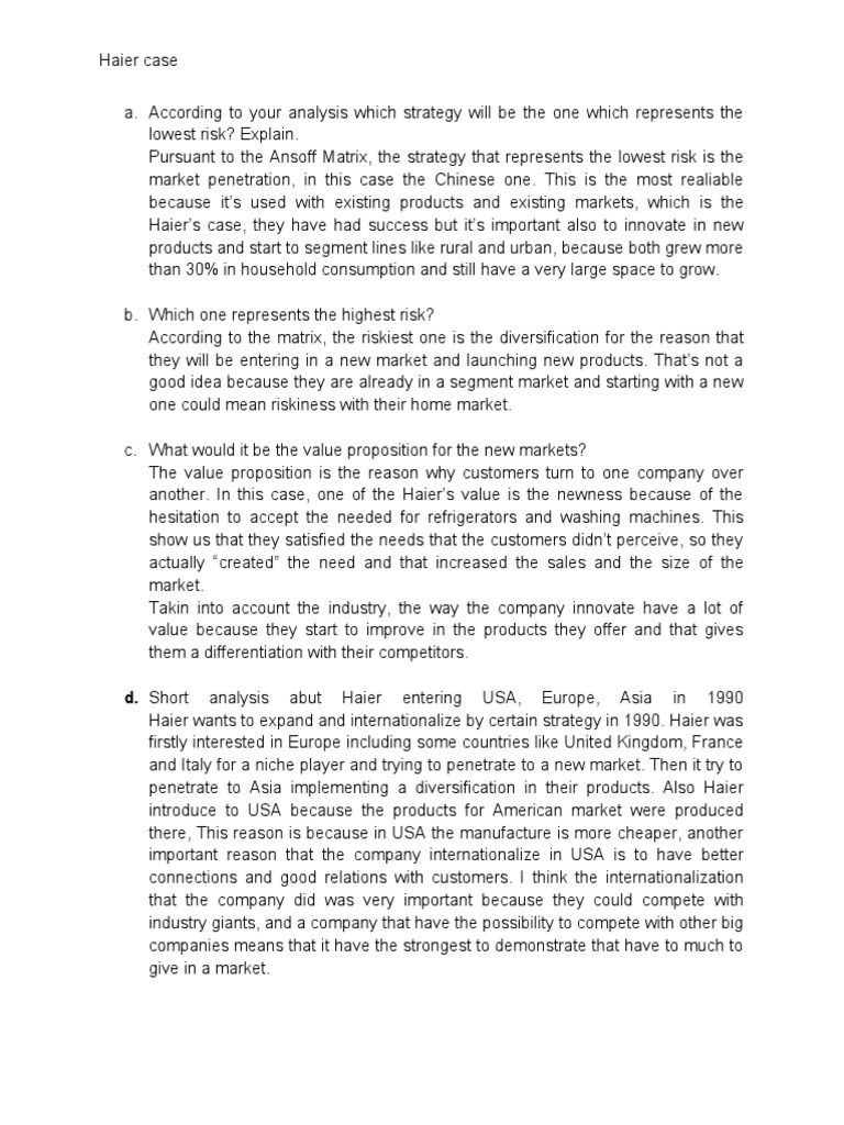 Haier Case | PDF | Market (Economics) | Internationalization Haier Case | PDF | Market (Economics) | Internationalization