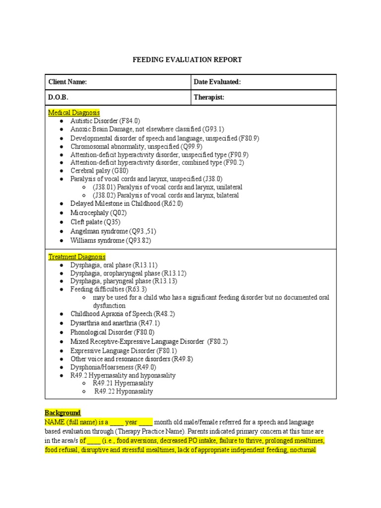 Feeding Evaluation Report Client Name: Date Evaluated: D.O.B. Therapist ...