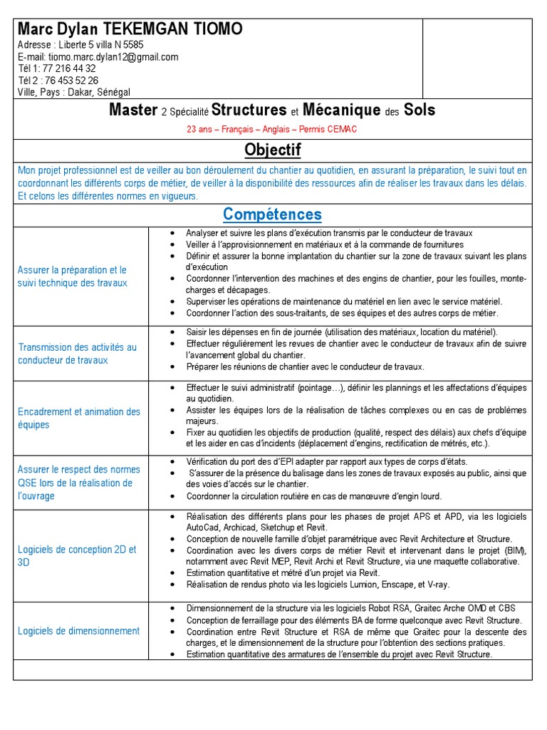 CV de Marc Dylan, Conducteur de Travaux | PDF | Ingénierie civile ...
