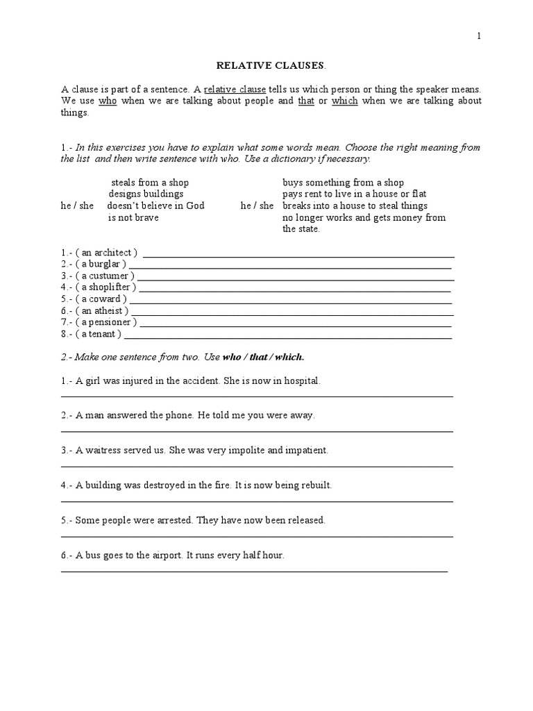 Relative Clauses: An Exercise in Identifying Meanings and Using Relative Pronouns Correctly ...