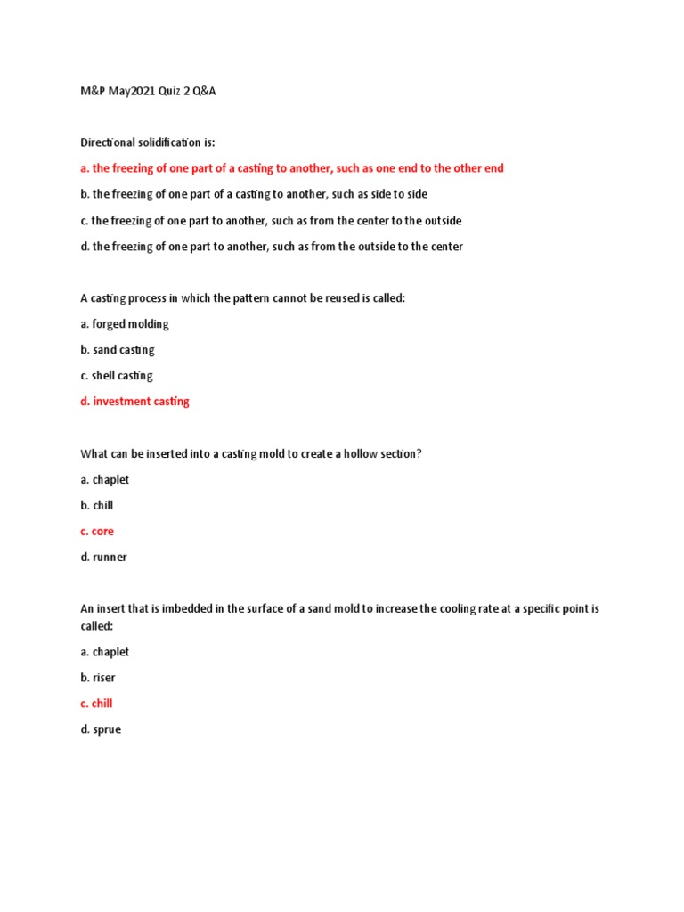 Materials and Processes Quiz 2 | PDF | Casting (Metalworking ...