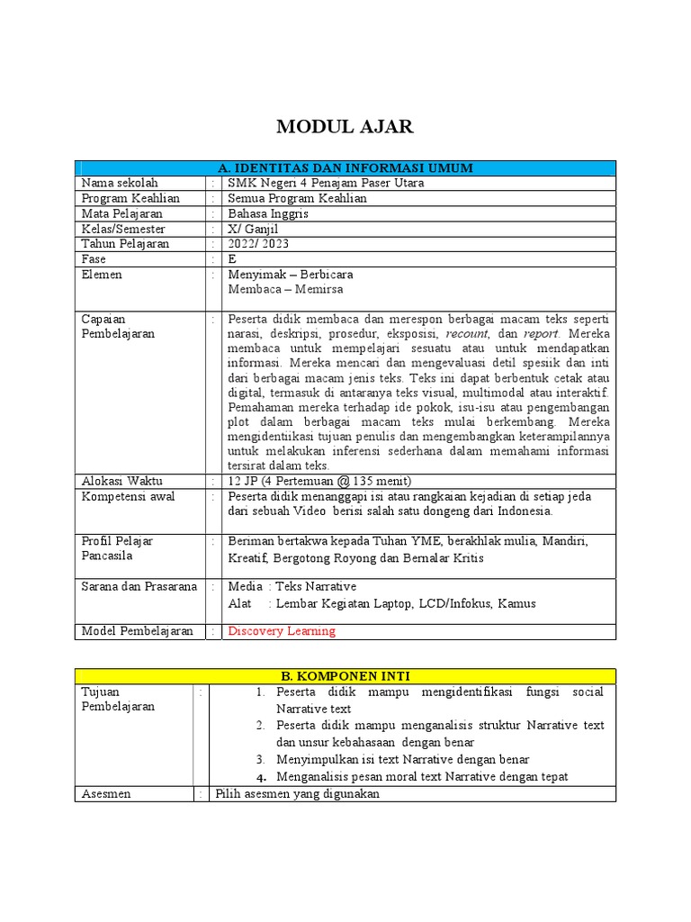 MODUL AJAR NARRATIVE TEXT | PDF