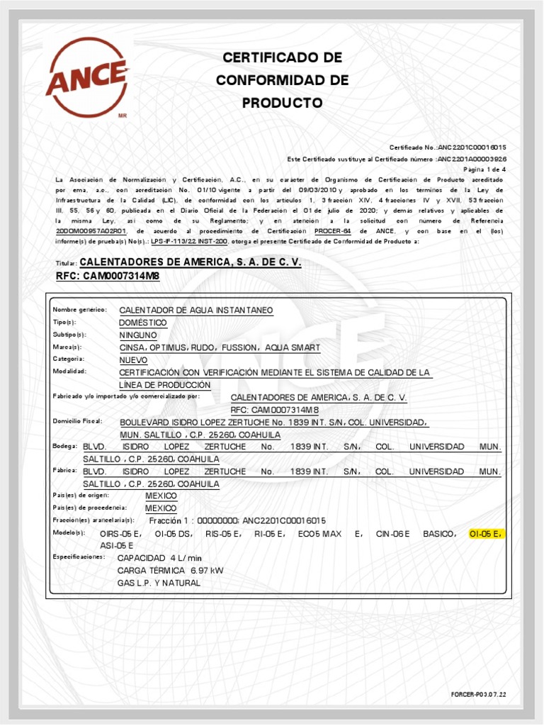 1) Certificado Gas Instantaneo | PDF
