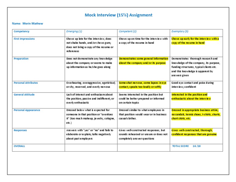 Mock Interview (15%) Assignment: Name: Merin Mathew | PDF | Cognition