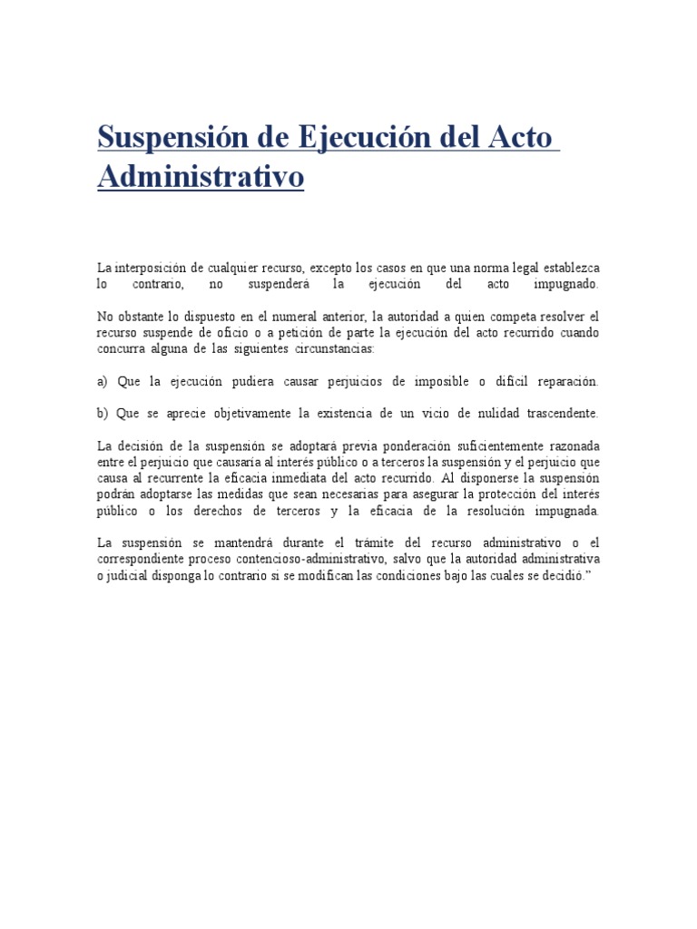 Suspensión de Ejecución Del Acto Administrativo | PDF Suspensión de Ejecución Del Acto Administrativo | PDF