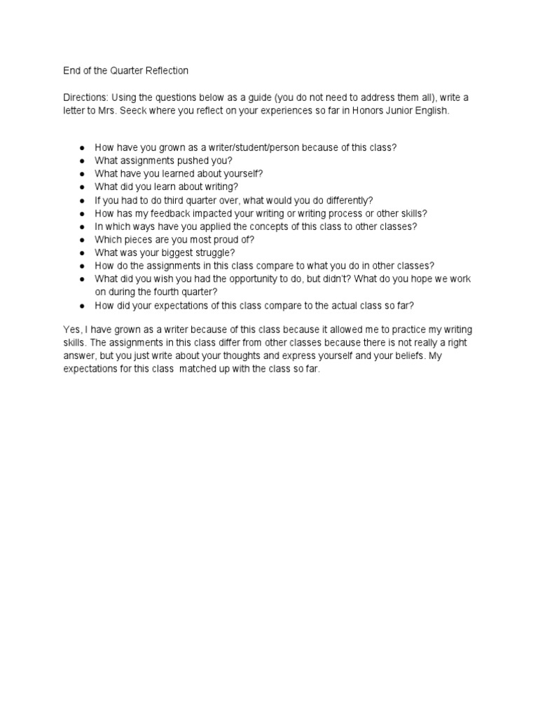 Honors English Reflection Letter | PDF | Career & Growth