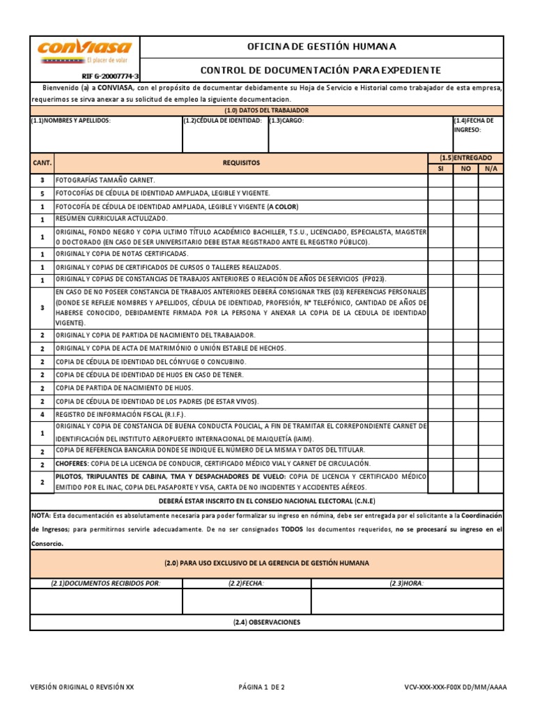 Planilla Control de Documentos Conviasa | PDF