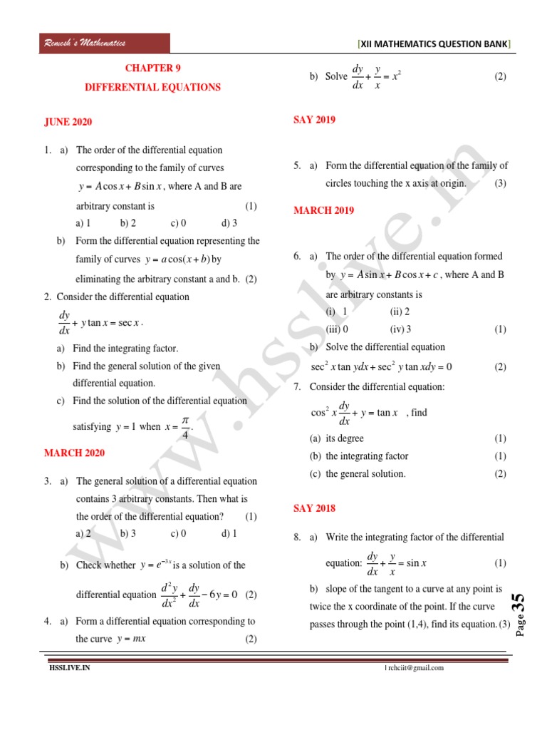 Class 12 Differential Equations | PDF | Equations | Differential Equations