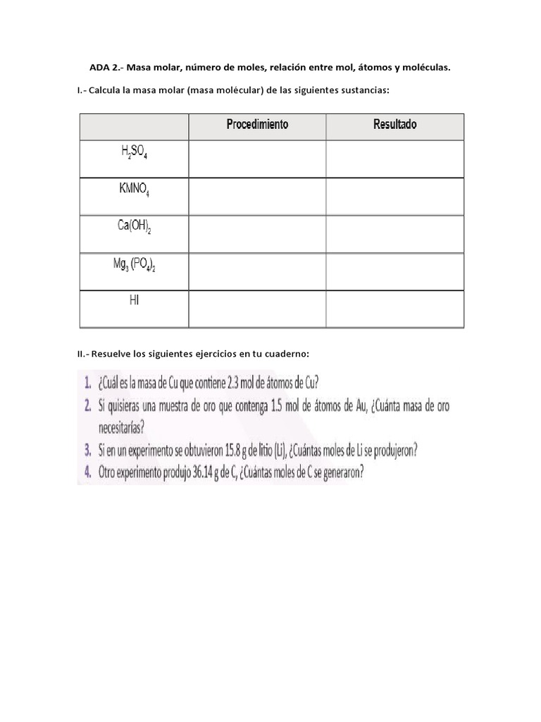 ADA 2. - Masa Molar, Número de Moles, Relación Entre Mol, Átomos y ...