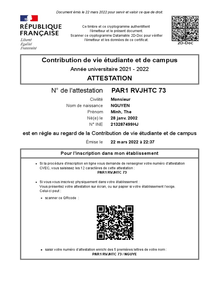 Contribution de Vie Étudiante Et de Campus Attestation | PDF