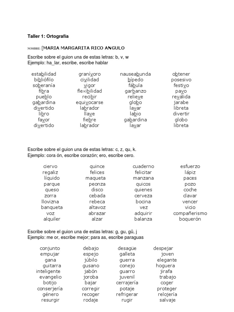 Taller 1 Ejercicios de Ortografia | PDF