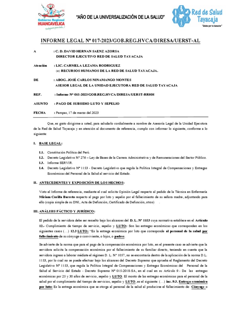 Informe Legal #017-2023 Miriam Corilla Barreto IMPROCEDENTE PAGO LUTO | PDF | Justicia | Crimen ...