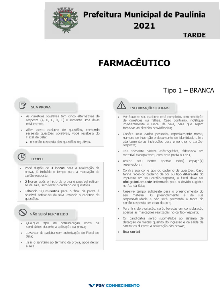 PROVA - Farmacêutico - Paulínia PDF | PDF | Farmacêutico ... PROVA - Farmacêutico - Paulínia PDF | PDF | Farmacêutico ...