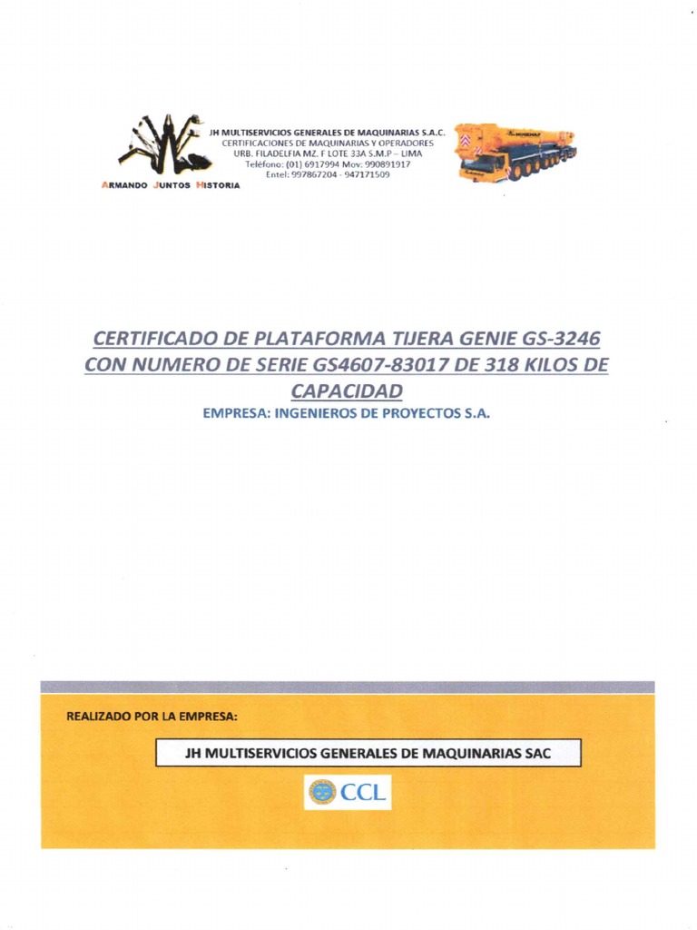 Certificado de Operatividad Elevador Genie GS3246 Serie 4607-83017 - V 13-06-2023 | PDF