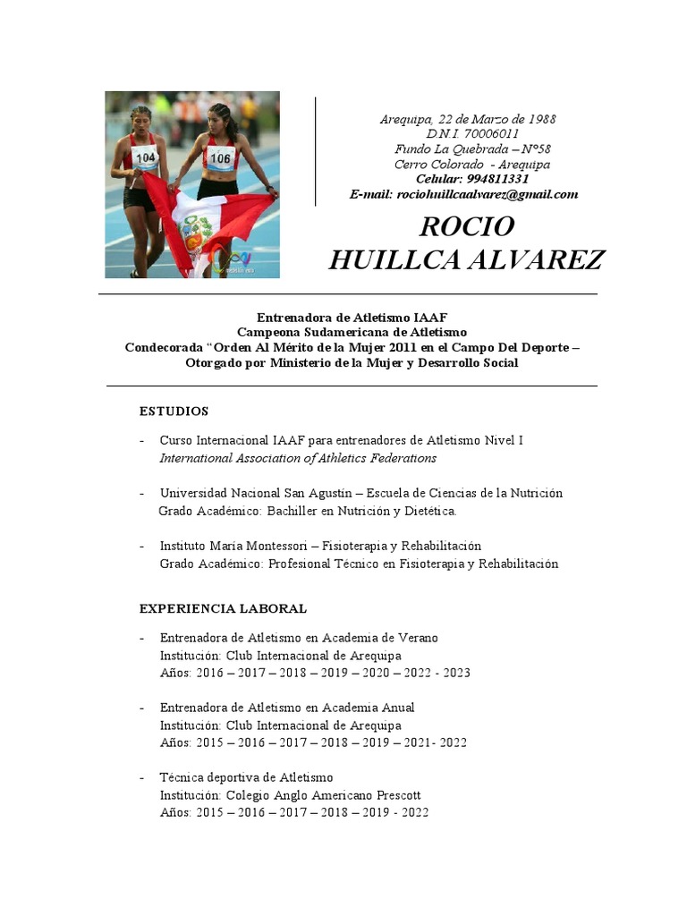 Curriculum vitae de Rocio Huillca Alvarez, destacada entrenadora de ...