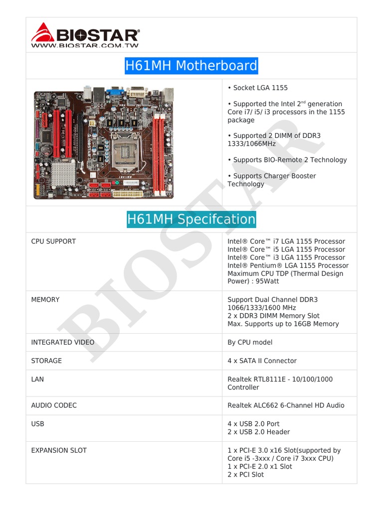 Biostar H61MH Spec | PDF | Computing | Computer Hardware