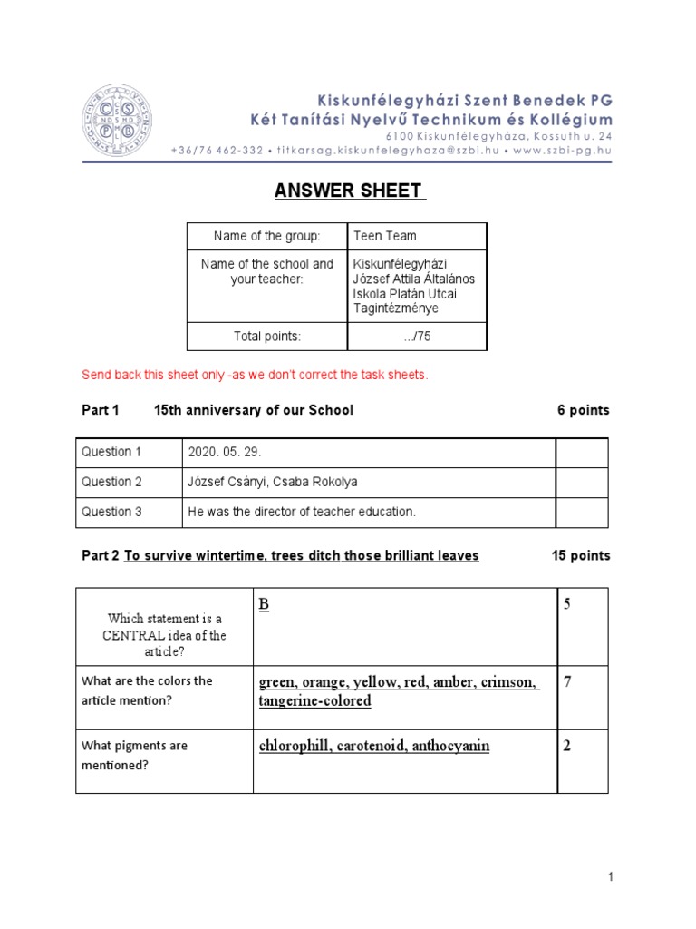 Answer Sheet 2020 | PDF