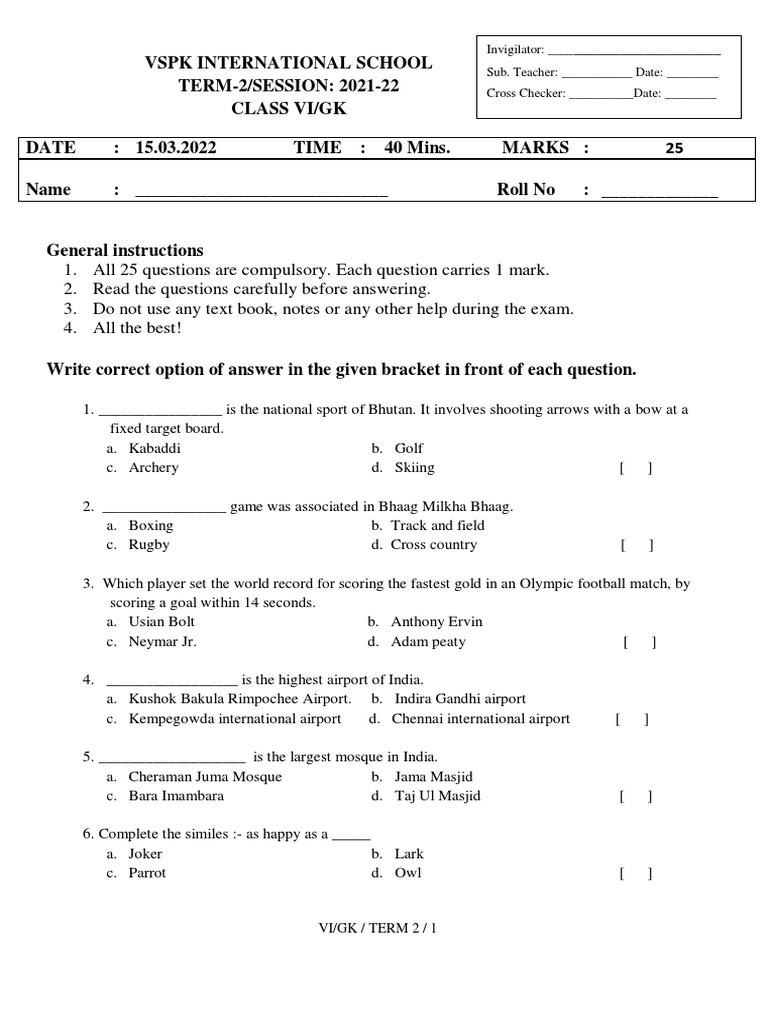 Class VI - GK - Term - 2 | PDF