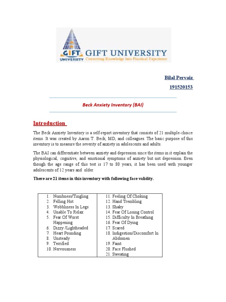 BAI Interpretation | PDF | Anxiety | Diseases And Disorders