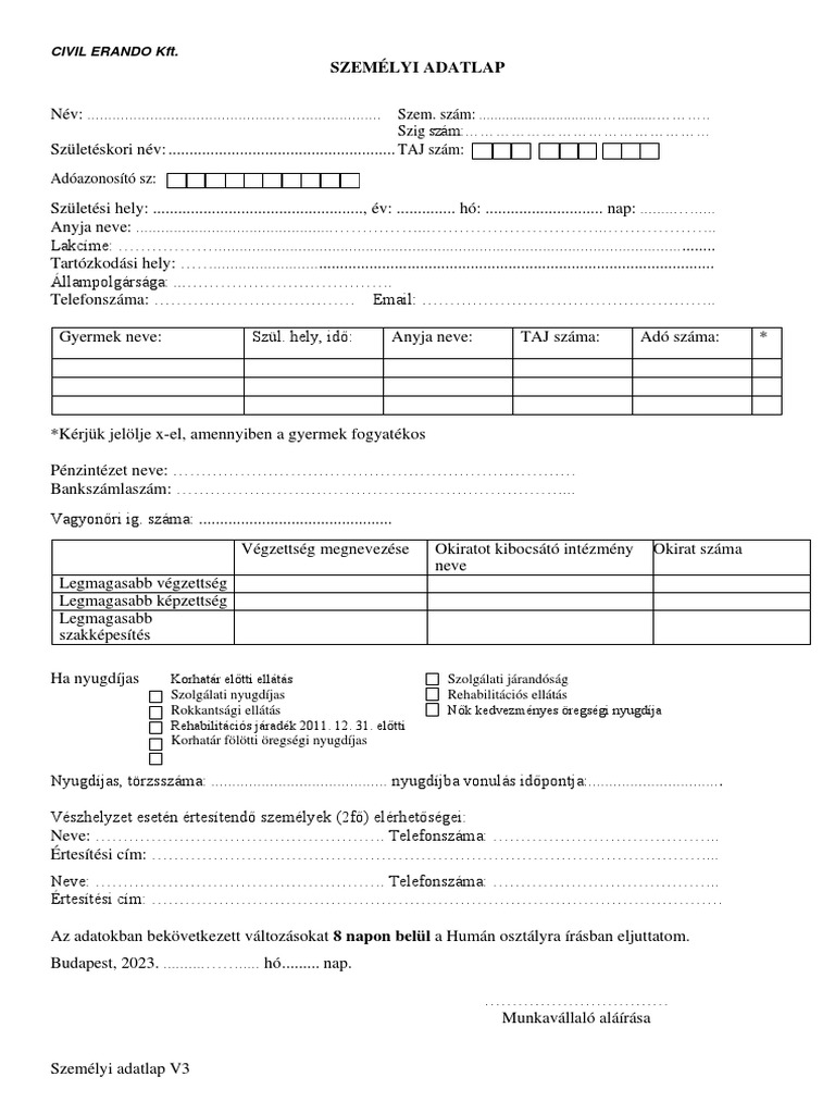 Személyi Adatlap V3 - CIVIL ERANDO PDF | PDF